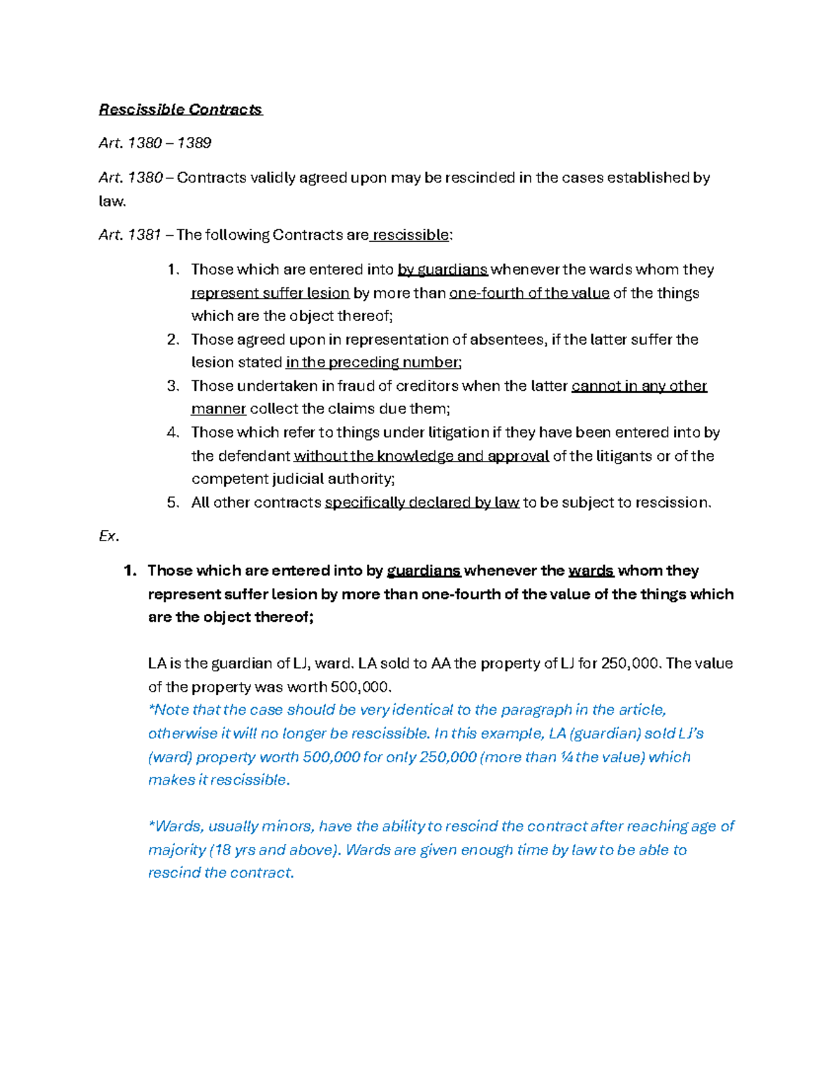 Rescissible Contracts: Understanding Articles 1380-1389 Explained - Studocu