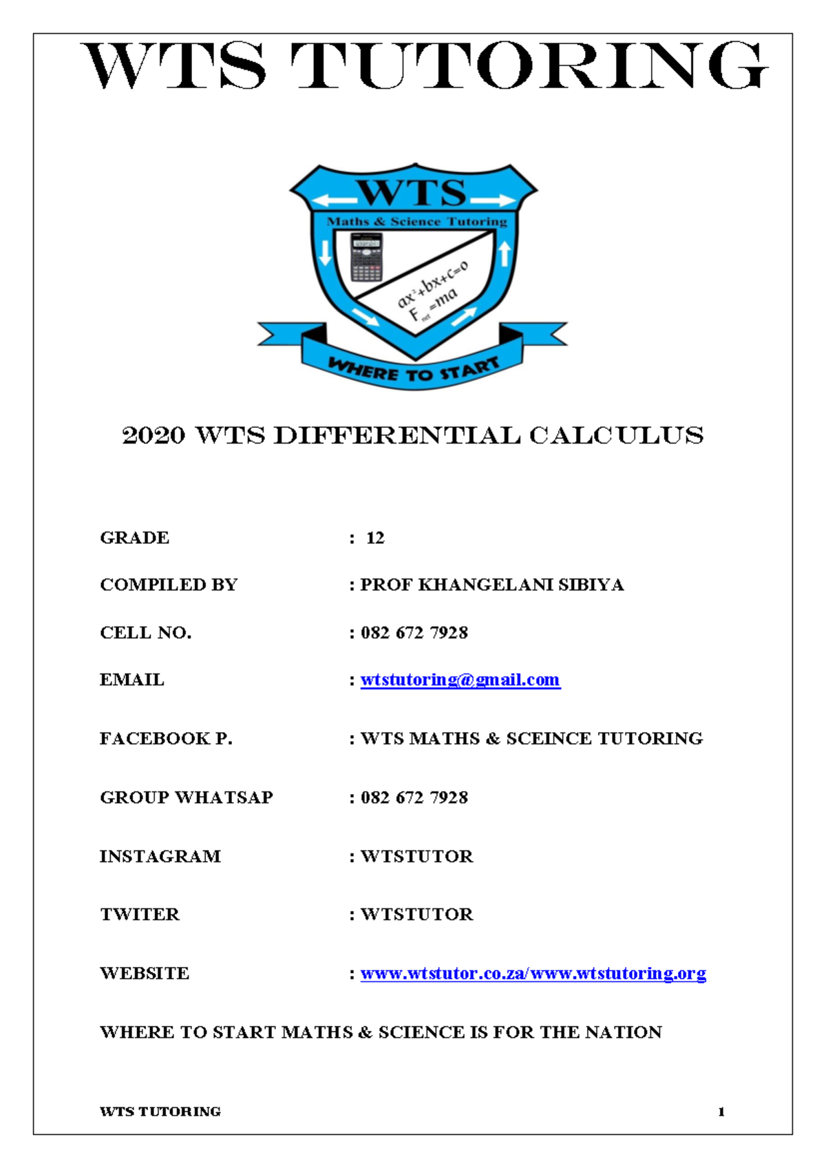 WTS 12 Differential Calculus Revision Notes for 2020 - Studocu
