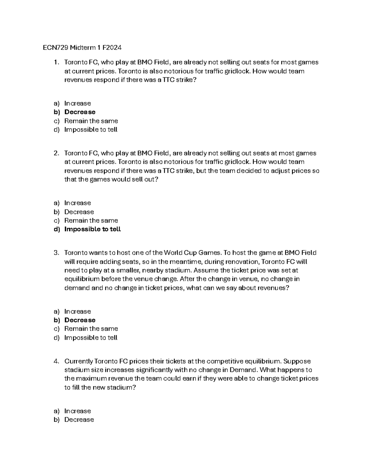 ECN729 Midterm 1 Practice Questions & Answers F2024 - Studocu