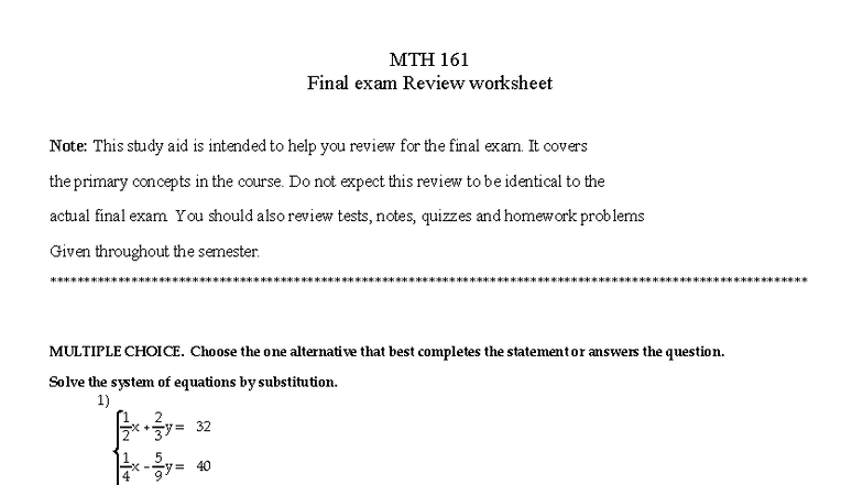 MTH 161 Final Exam Review Practice Worksheet - Studocu