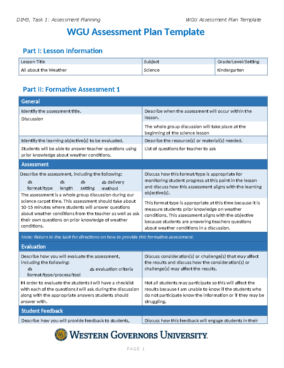 Assessment plan D093 - WGU Assessment Plan Template Part I: Lesson ...