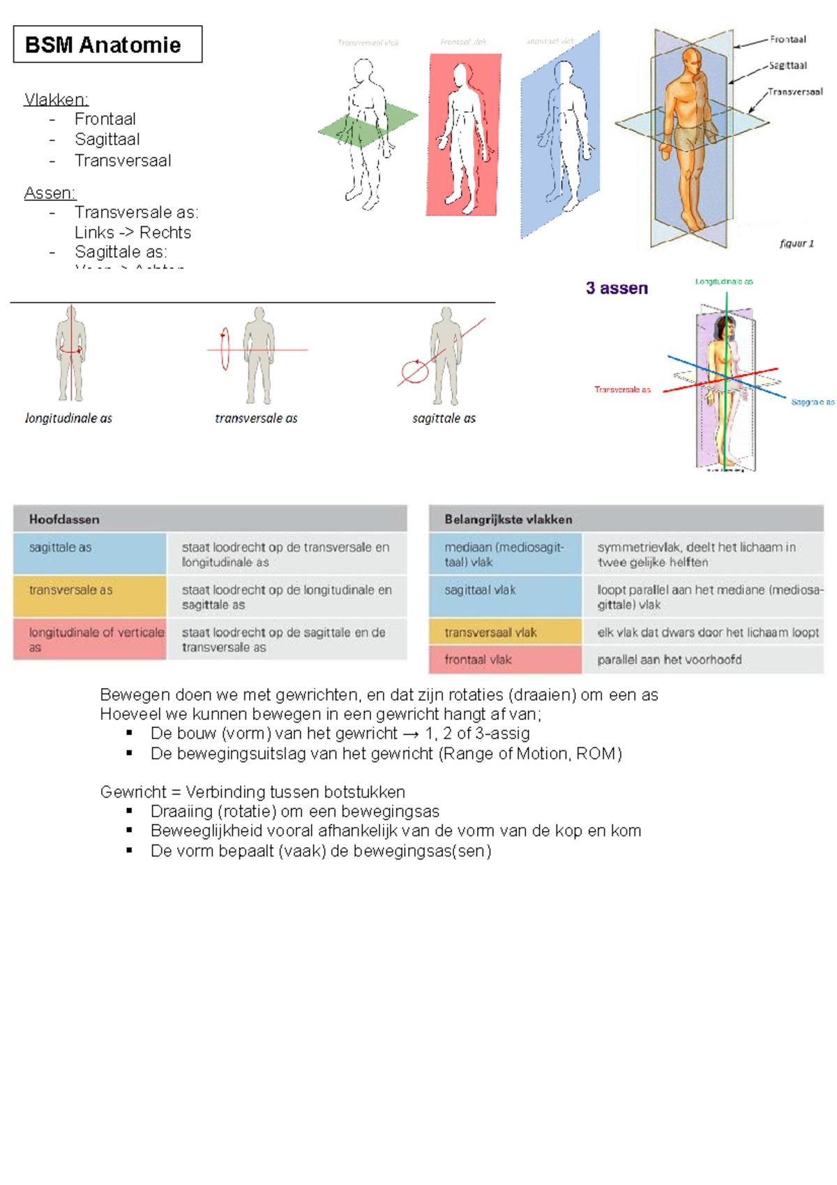 Bewegingen en Assen in de Anatomie - BSM Anatomie - Studeersnel