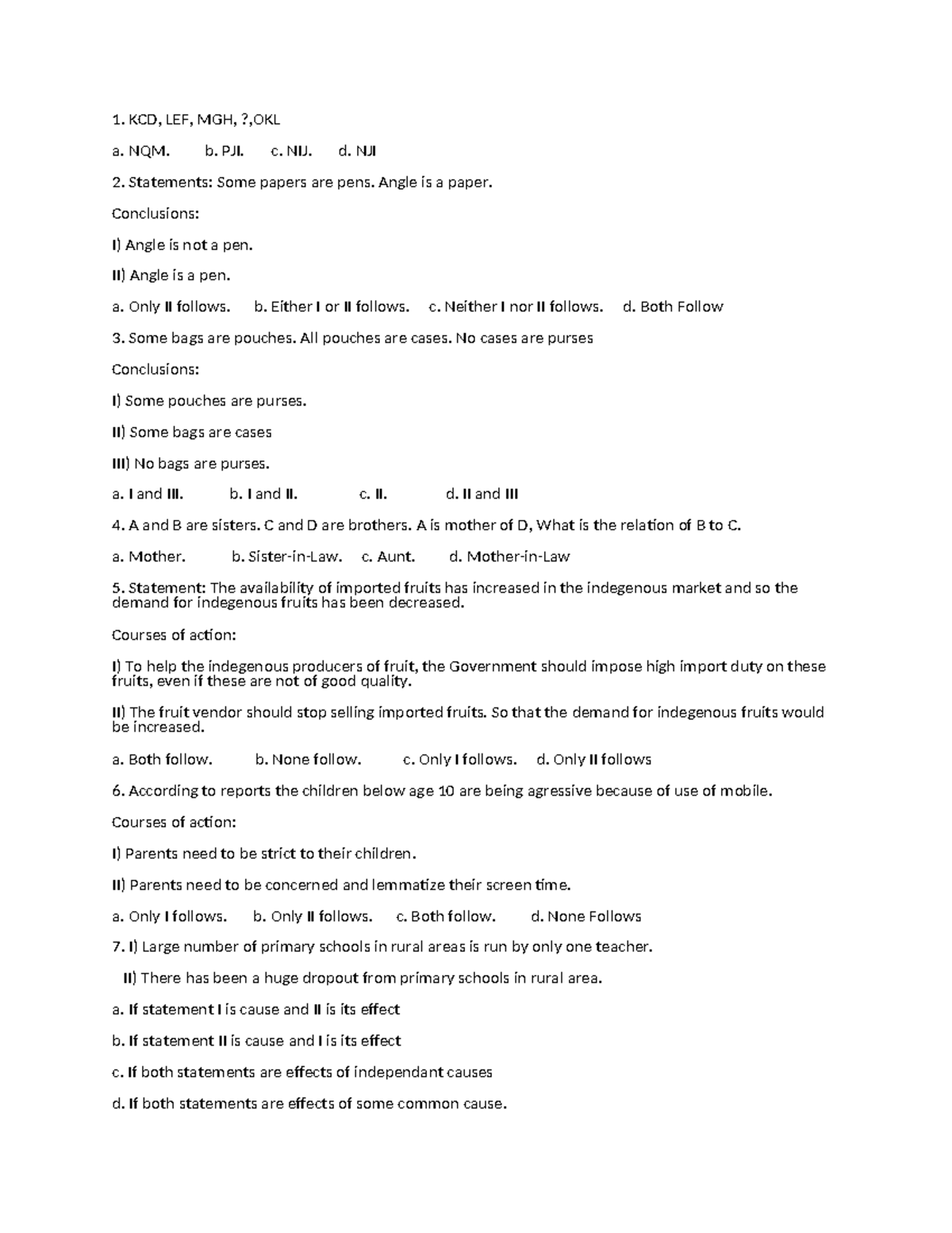 Logical FLP-3: Reasoning and Conclusion Practice Questions - Studocu