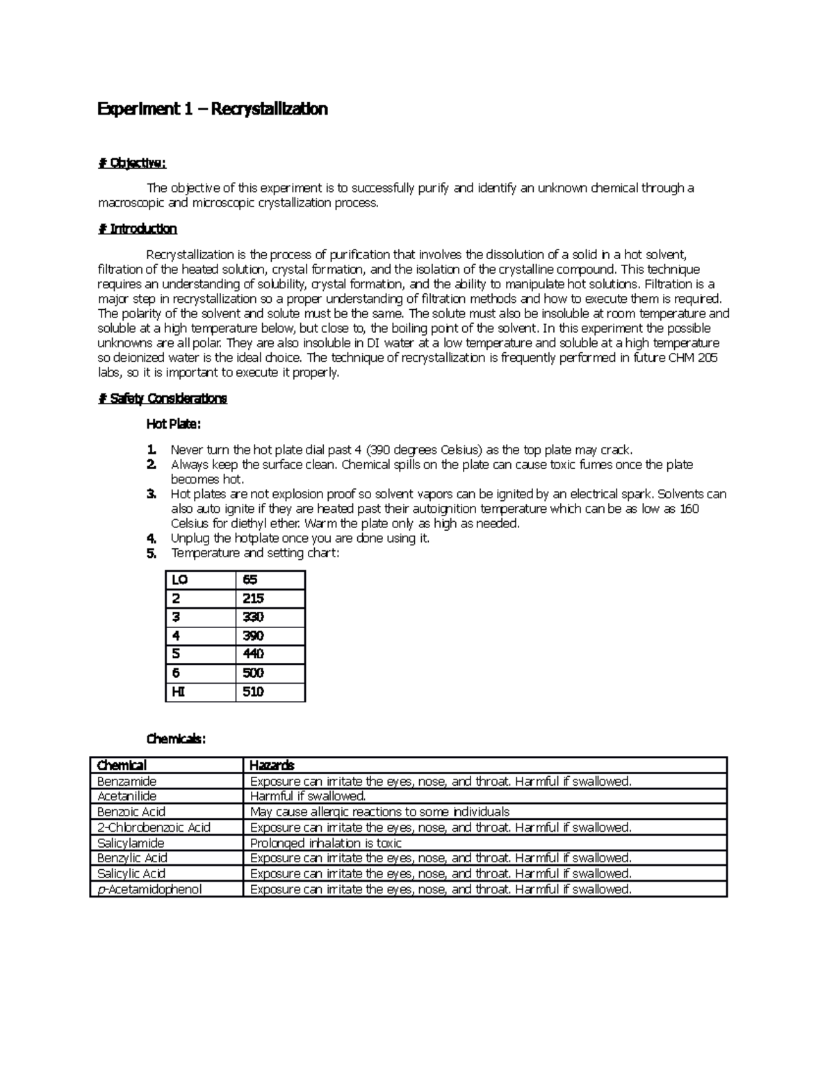 Experiment 1 Recrystallization - Experiment 1 – Recrystallization Objective: The objective of ...