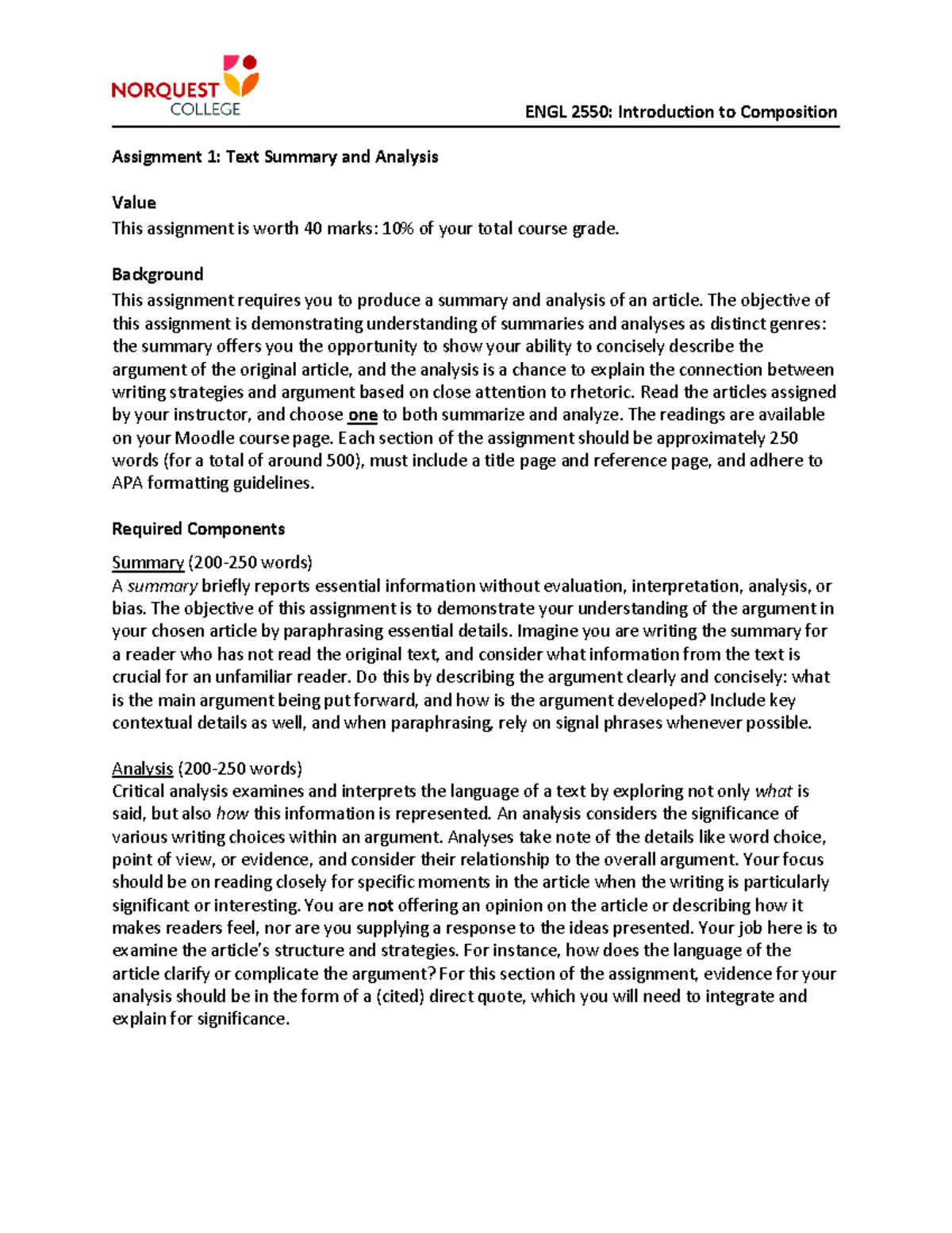 Assignment 1 (2022 update) - ENGL 2550: Introduction to Composition Assignment 1: Text Summary ...