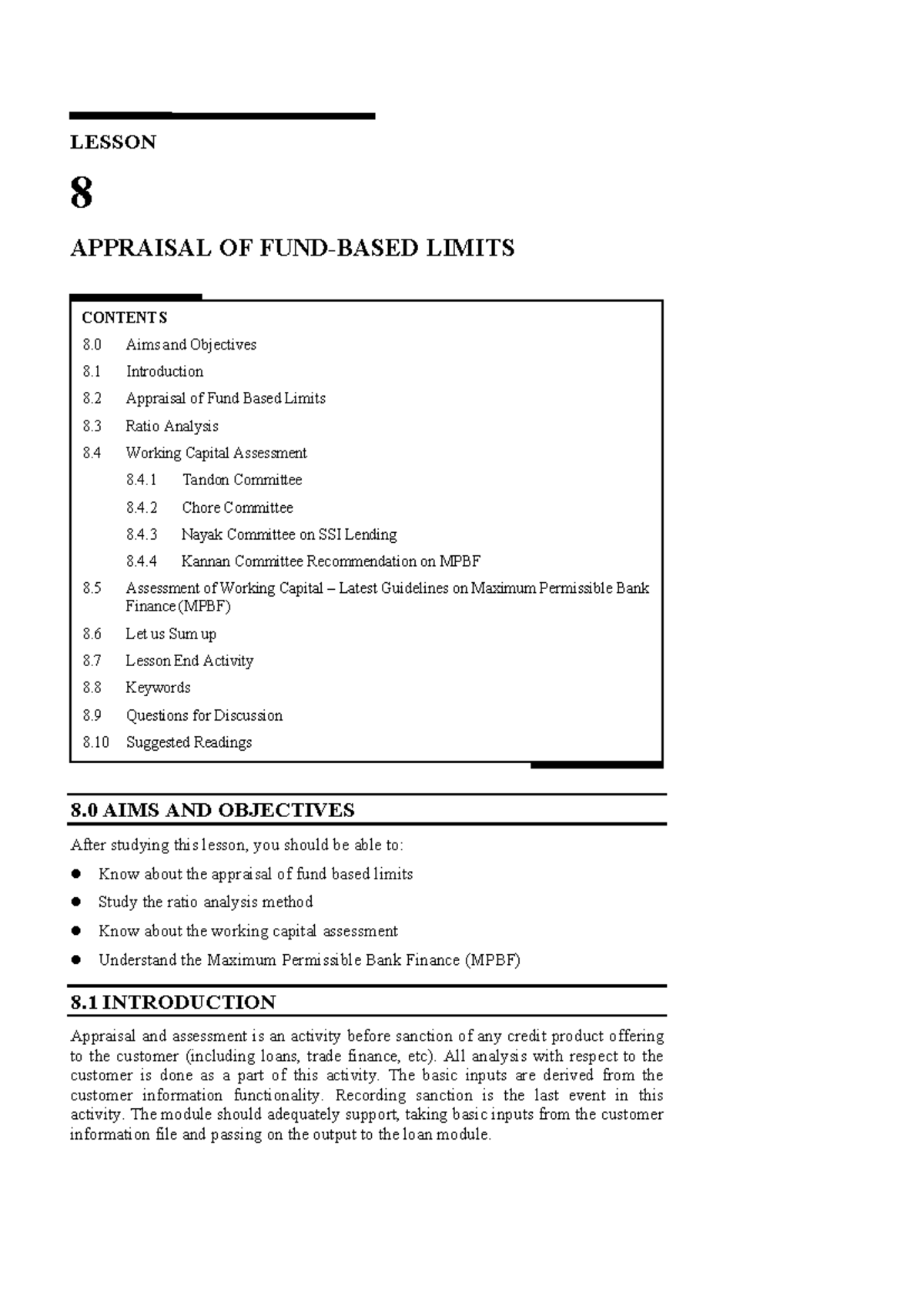 Lesson on Appraisal of Fund-Based Limits (Course Code: 8) - Studocu