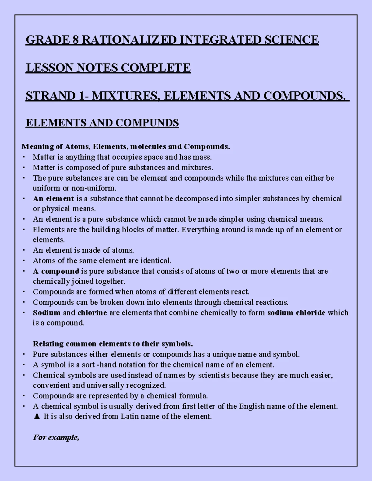 Grade 8 Integrated Science Final Notes on Elements & Compounds - Studocu