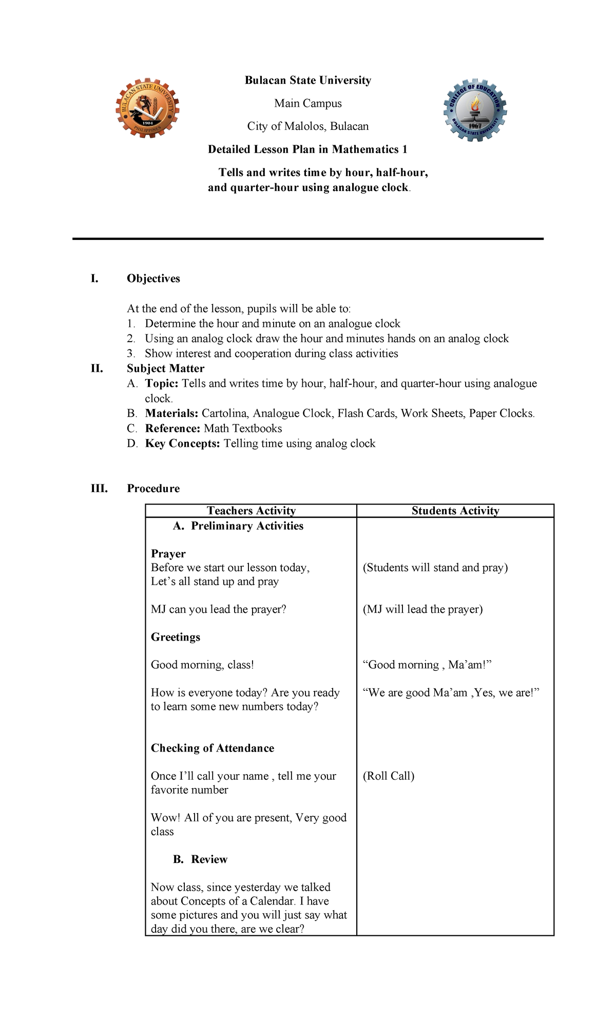 DLP MATH 1 Final Lesson Plan: Teaching Time with Analog Clocks - Studocu