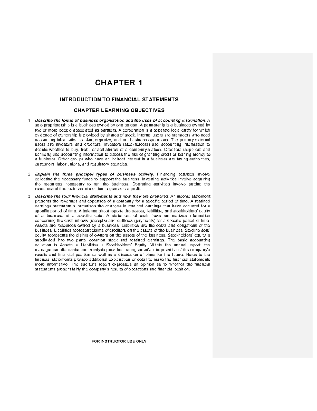 Ch01 - Introduction to Financial Statements: Key Concepts & Objectives ...