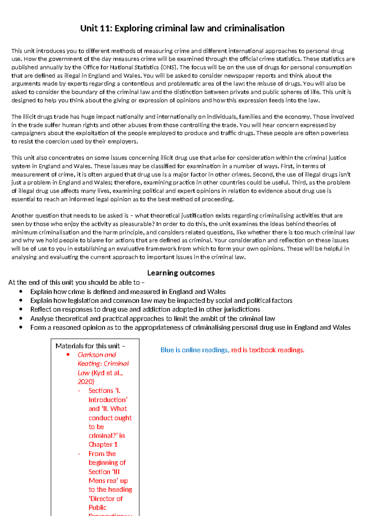 Unit 11: Criminal Law & Drug Use - Learning Outcomes Overview - Studocu