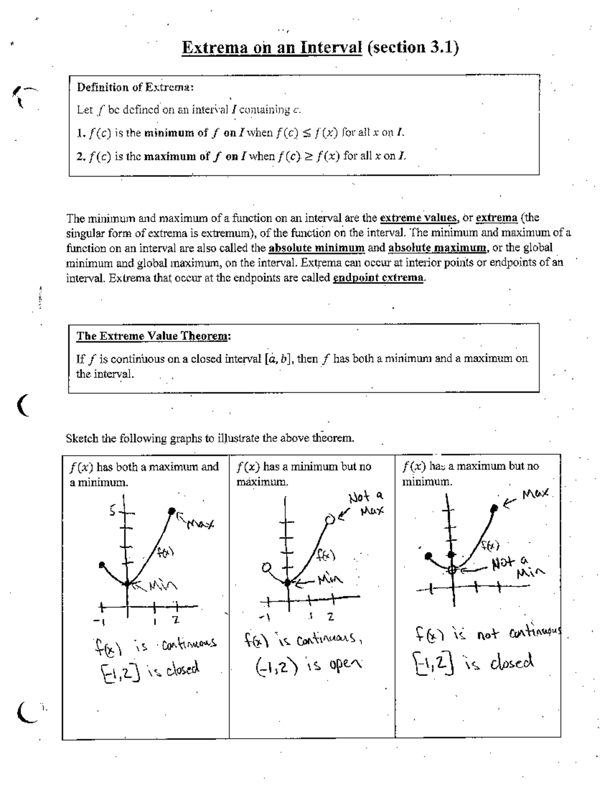L.1 Extrema Notes: Definitions & Theorems on Intervals - Studocu