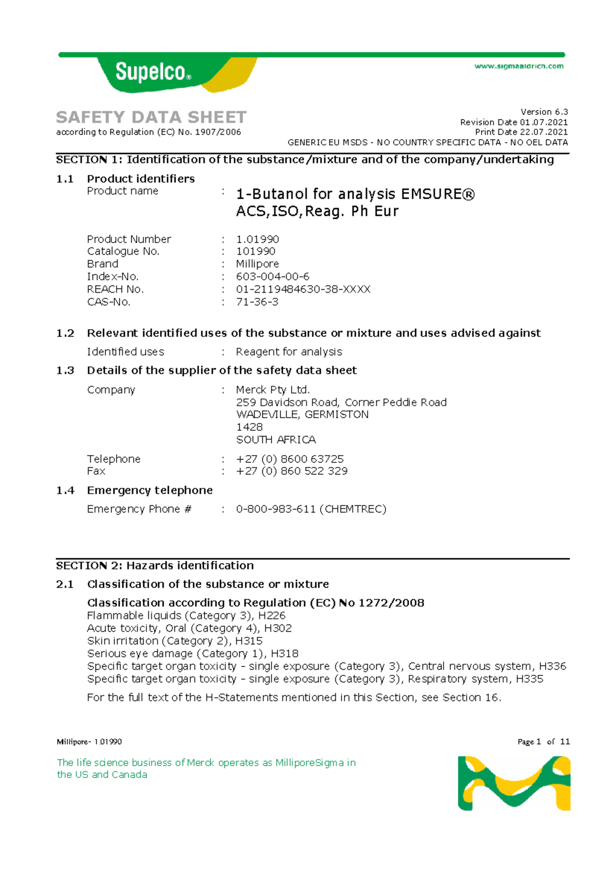 1-Butanol Safety Data Sheet (SDS) - Regulation (EC) No. 1.01990 - Studocu