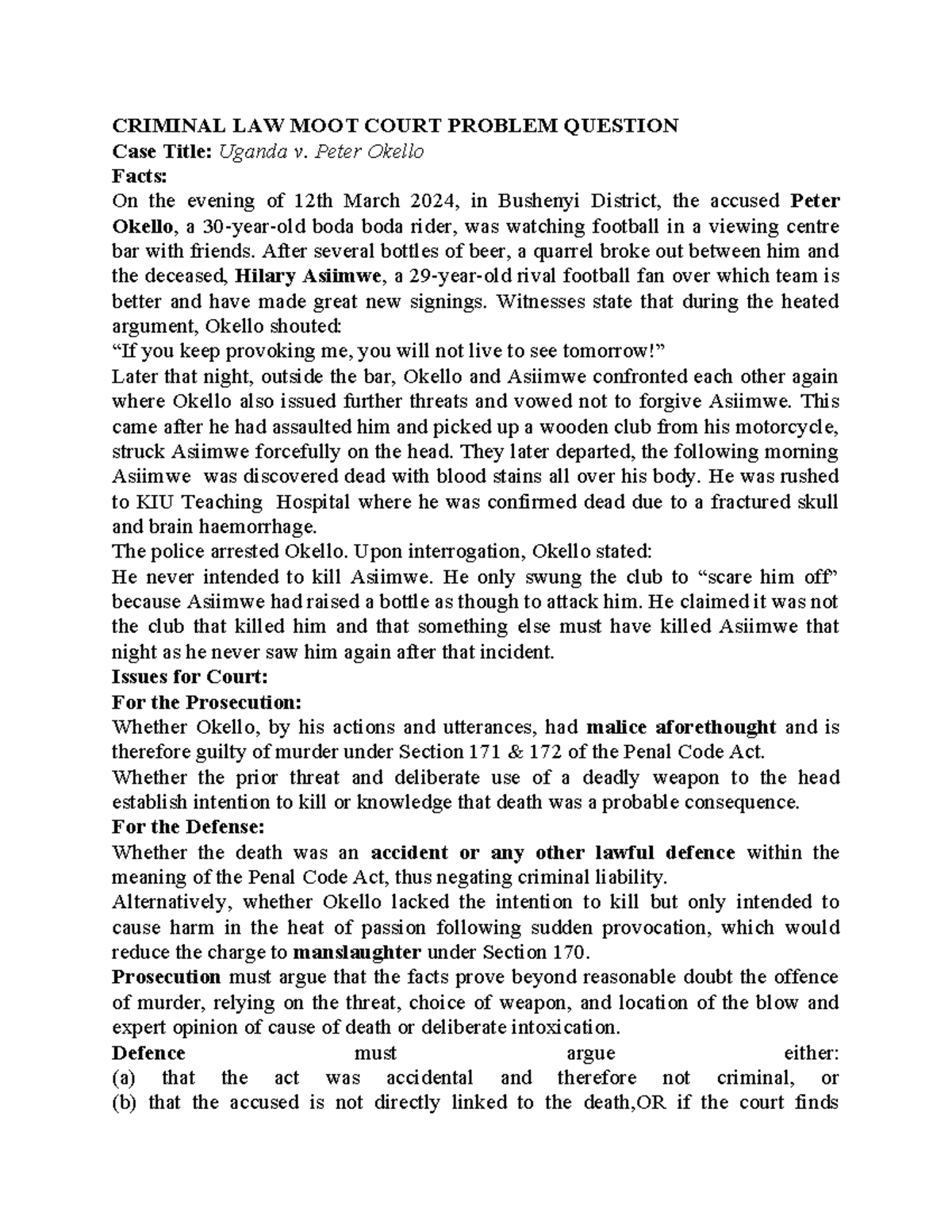KIU CRIMINAL LAW MOOT COURT PROBLEM: Uganda v. Peter Okello - Studocu