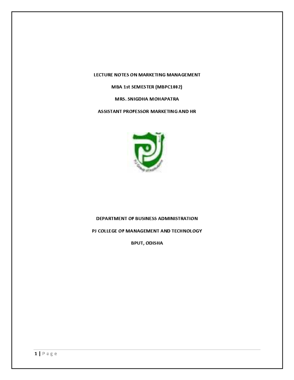 MBA 1st SEM Marketing Management Lecture Notes (MBPC1002) - Studocu