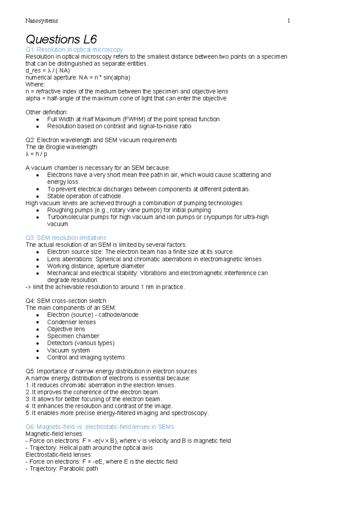 Nanosystems Questions L7-10: Optical Microscopy, SEM, and Nanowire ...