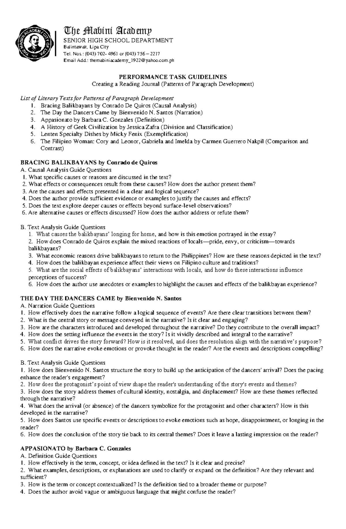 Reading Journal Text Analysis Questions - PERFORMANCE TASK GUIDELINES ...