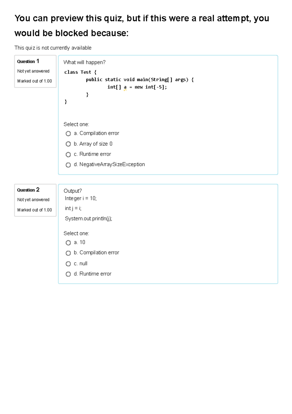 Core Java CCEE Mock Test: Quiz Questions and Answers - Studocu