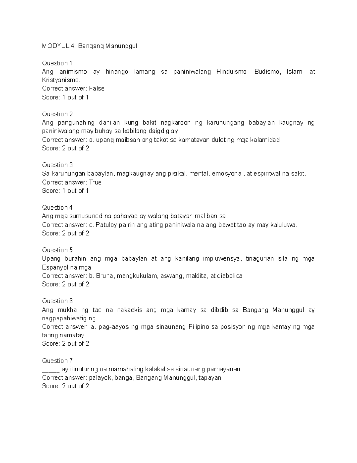 QUIZ MODYUL 4: Bangang Manunggul at Ang mga Babaylan - Studocu