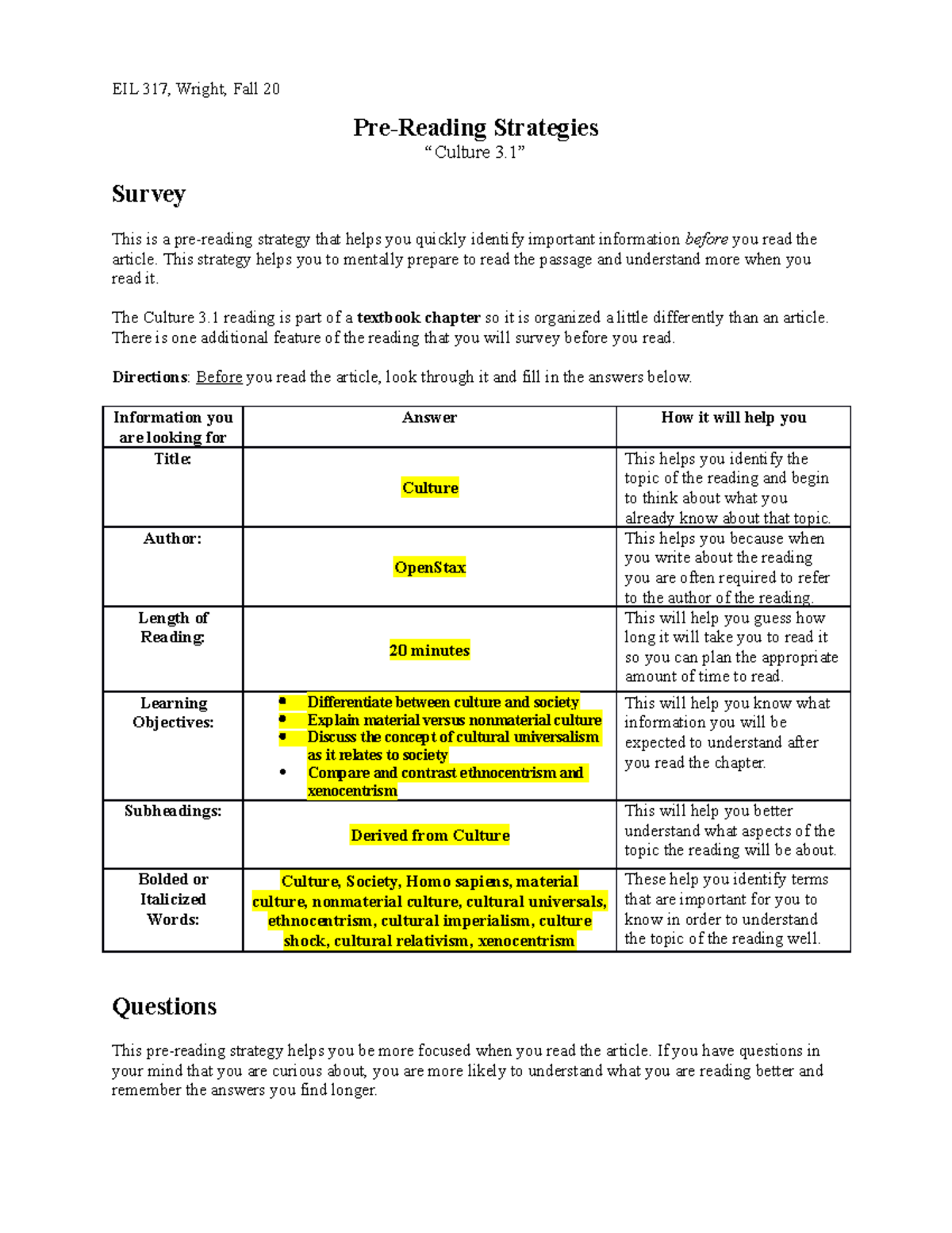 EIL 317 - Pre-Reading Strategy - Culture 3.1 Survey and Question [BYU-H ...