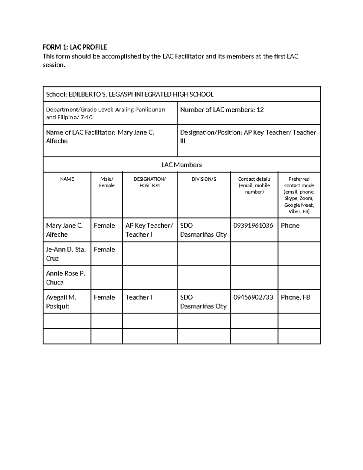 3rd-quarter-LAC - LAC Session - FORM 1: LAC PROFILE This form should be ...