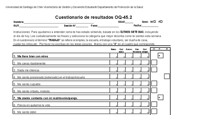 Cuestionario OQ-45: Evaluación de Salud Mental y Bienestar - Studocu