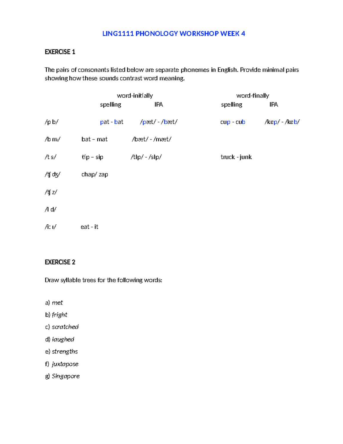 LING1111 Week 4 Phonology Workshop Exercises and Analysis - Studocu