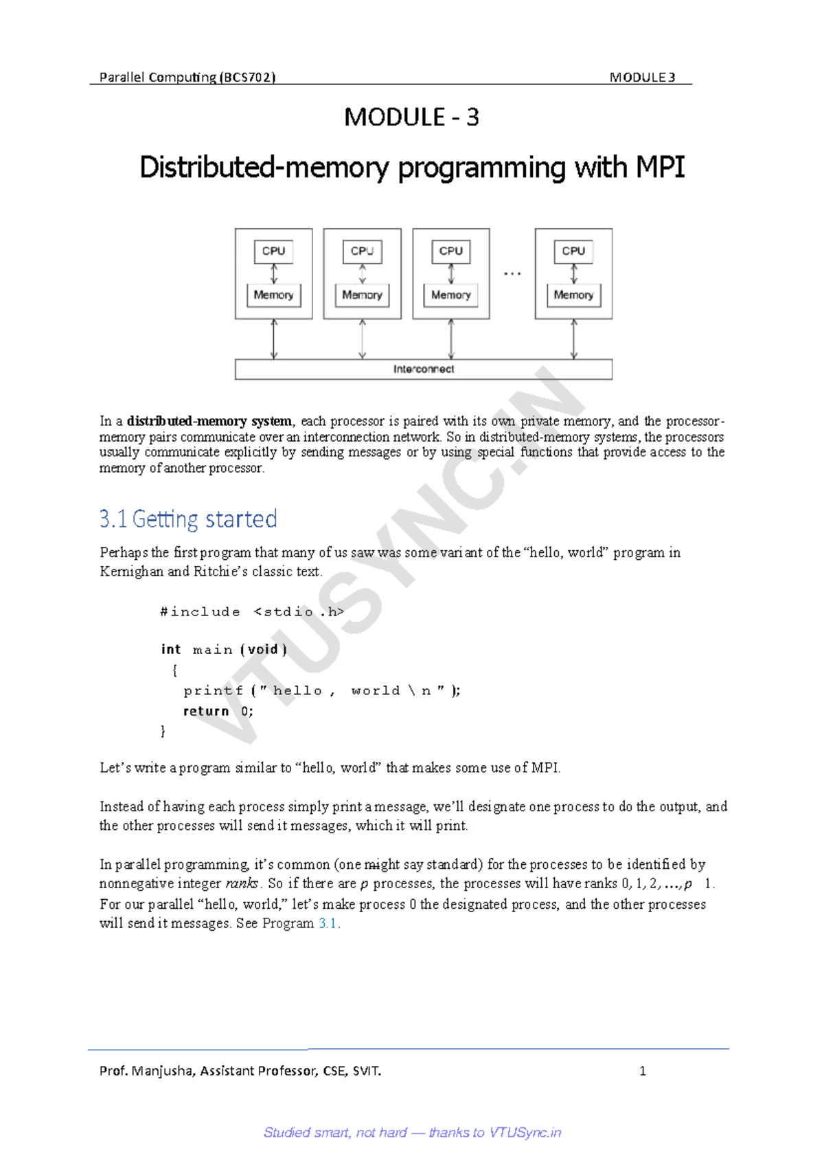 Parallel Computing (BCS702) Module 3: Programming with MPI - Studocu