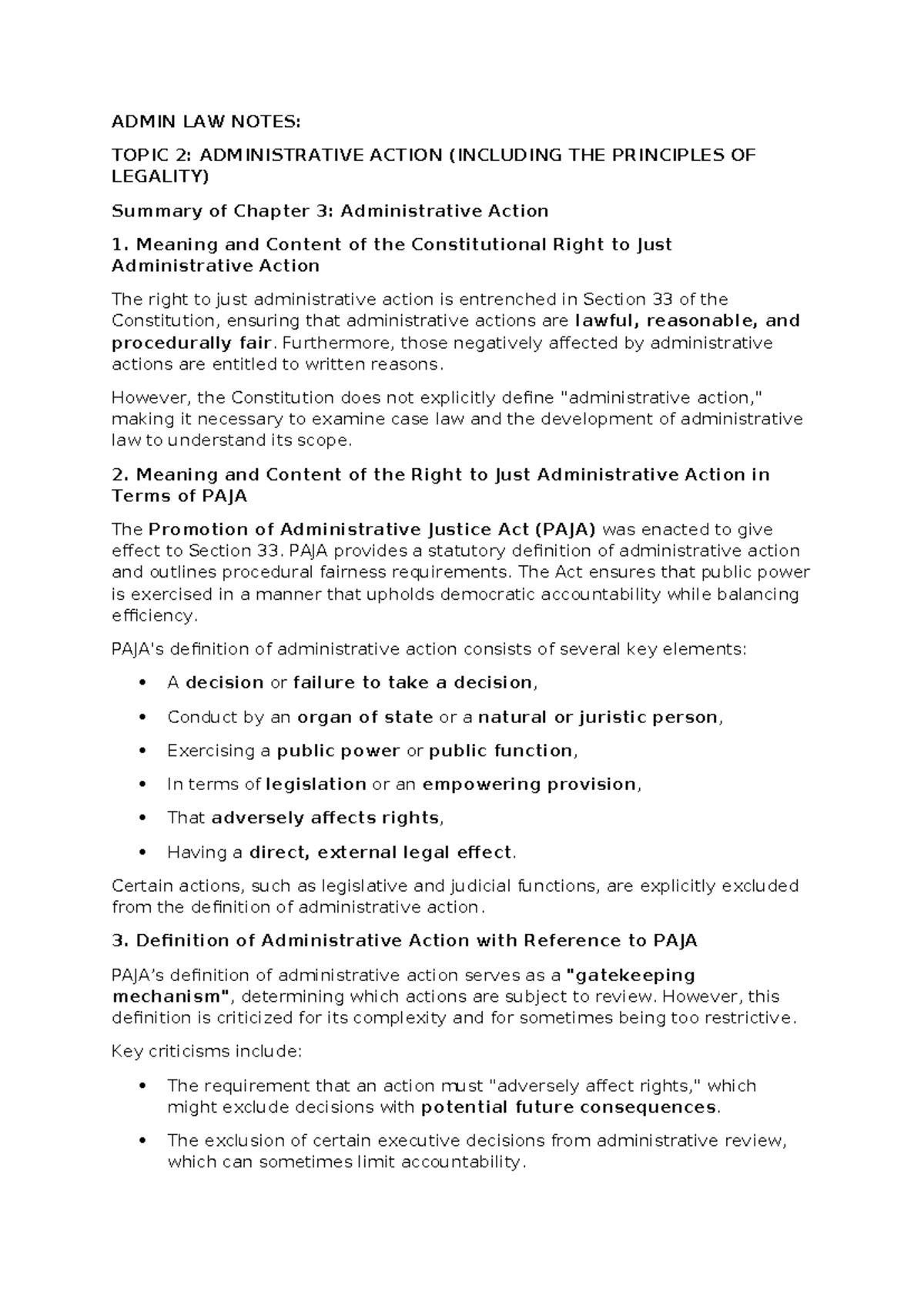 ADMIN LAW NOTES: TOPIC 2 - ADMINISTRATIVE ACTION & LEGALITY - Studocu