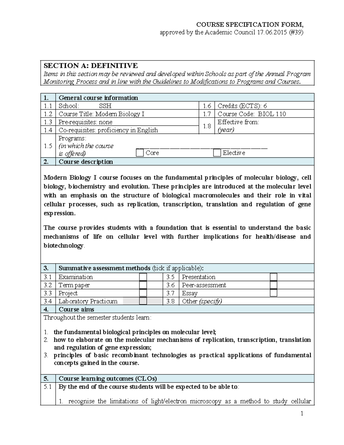 BIOL 110 Modern Biology I Course Specification Form - Studocu