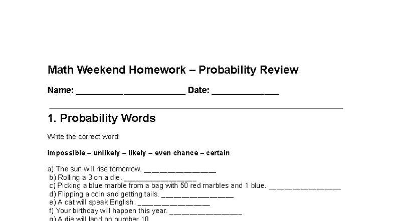 Math Weekend Homework - Probability Review - Studocu