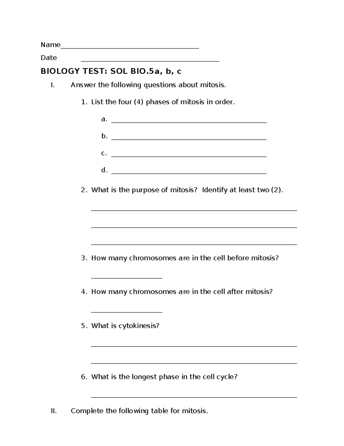 BIOLOGY TEST: SOL BIO.5a, b, c on Mitosis & Meiosis - Studocu