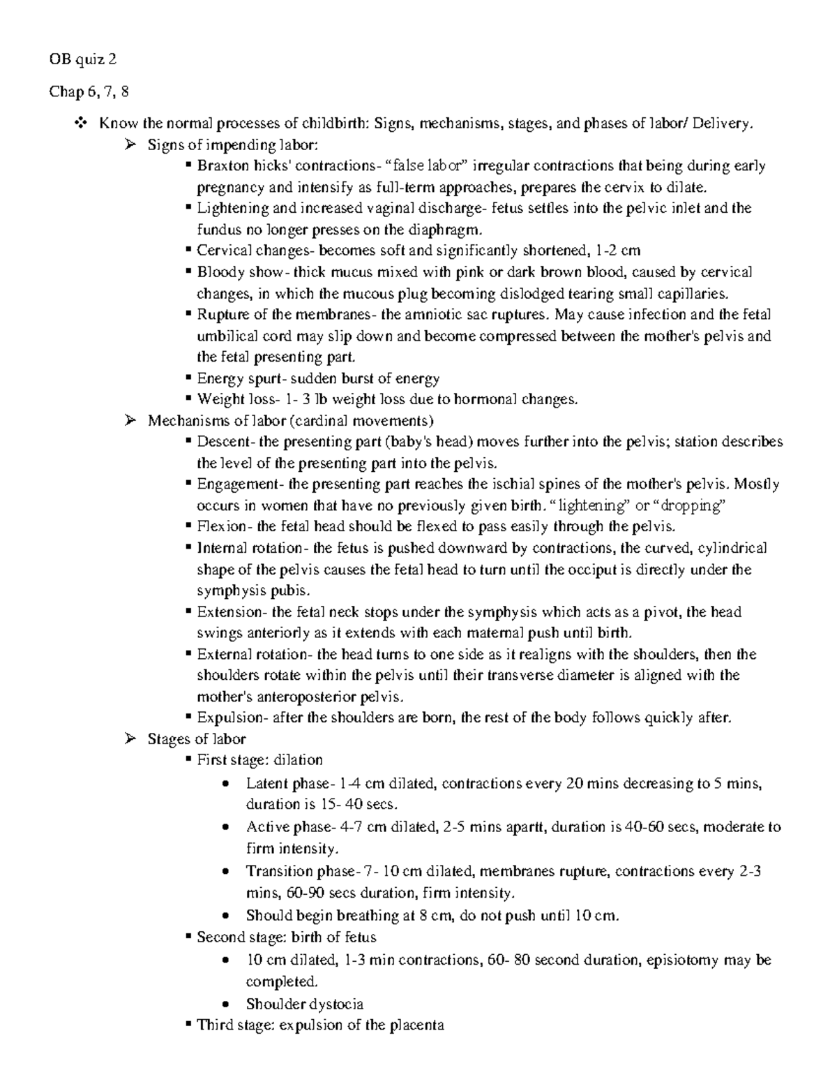 OB Quiz 2 Study Guide: Childbirth Processes (Chapters 6-8) - Studocu