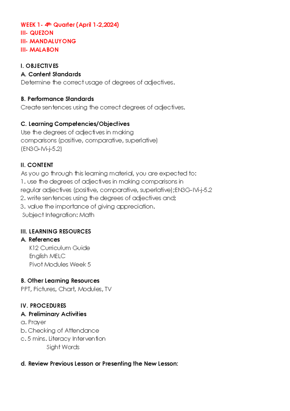 WEEK 1: Degrees of Adjectives Overview (EN3G-IVi-j-5.2) - Studocu