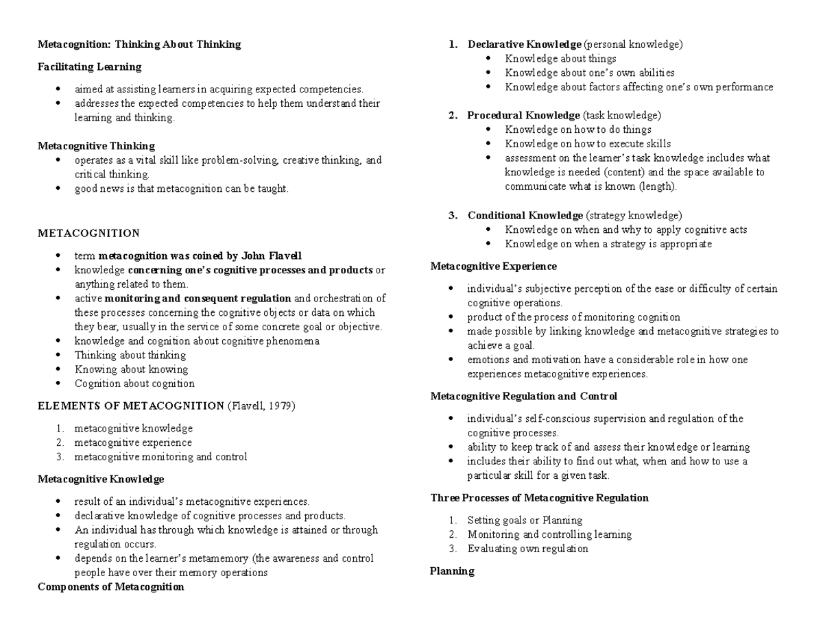 Metacognition: Understanding and Enhancing Learning Skills - Studocu