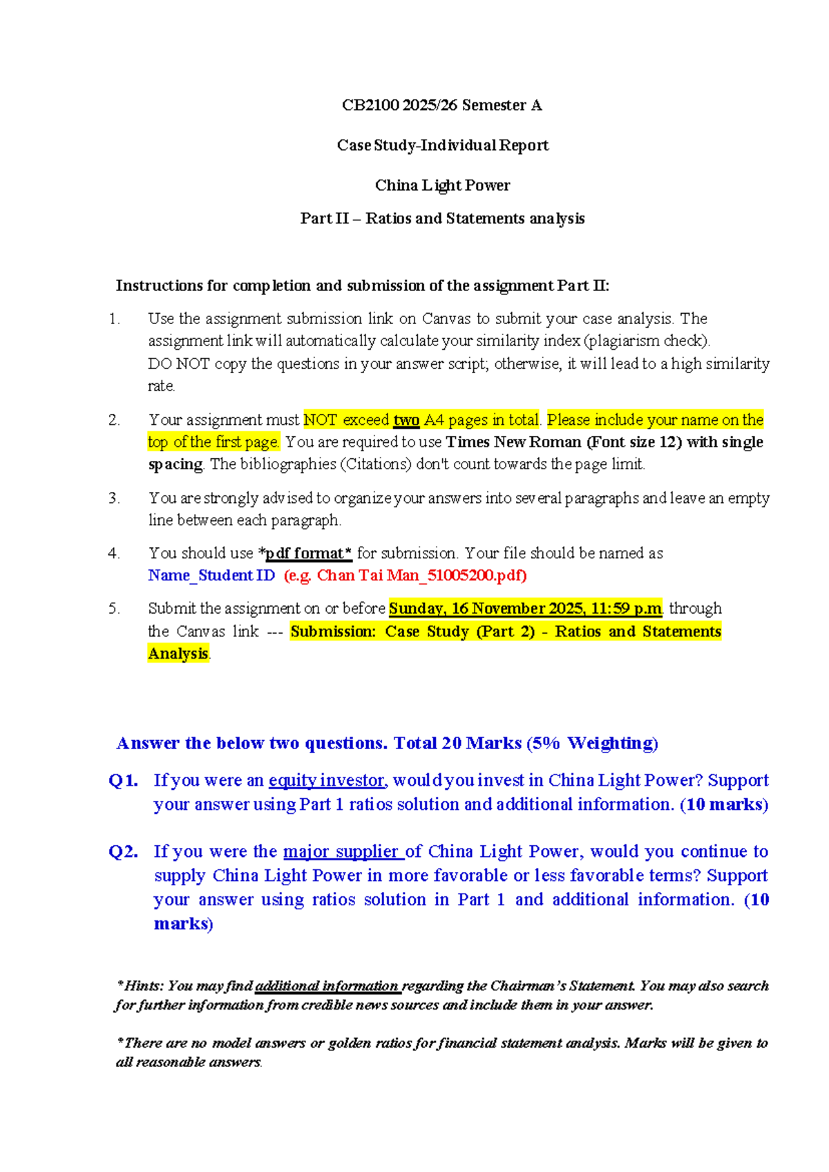 CB2100 Semester A Case Study: China Light Power Ratios & Analysis - Studocu