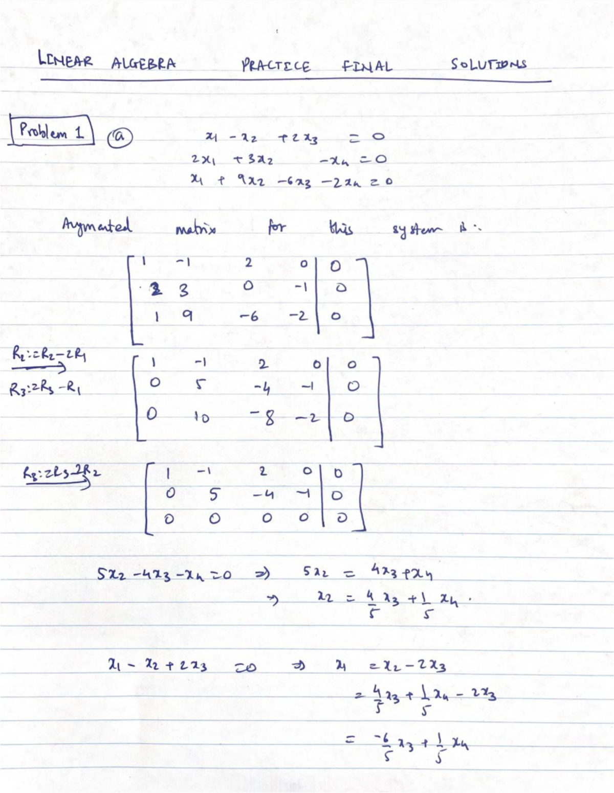 Linear Algebra Practice Final Solutions (Course Code: MATH 301) - Studocu