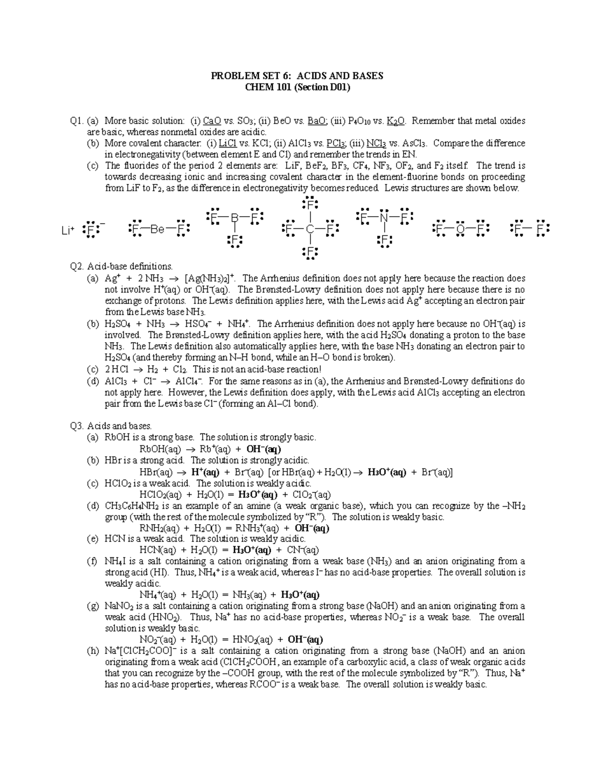 Problem Set 6 Solutions: Acids and Bases CHEM 101 (Section D01) - Studocu