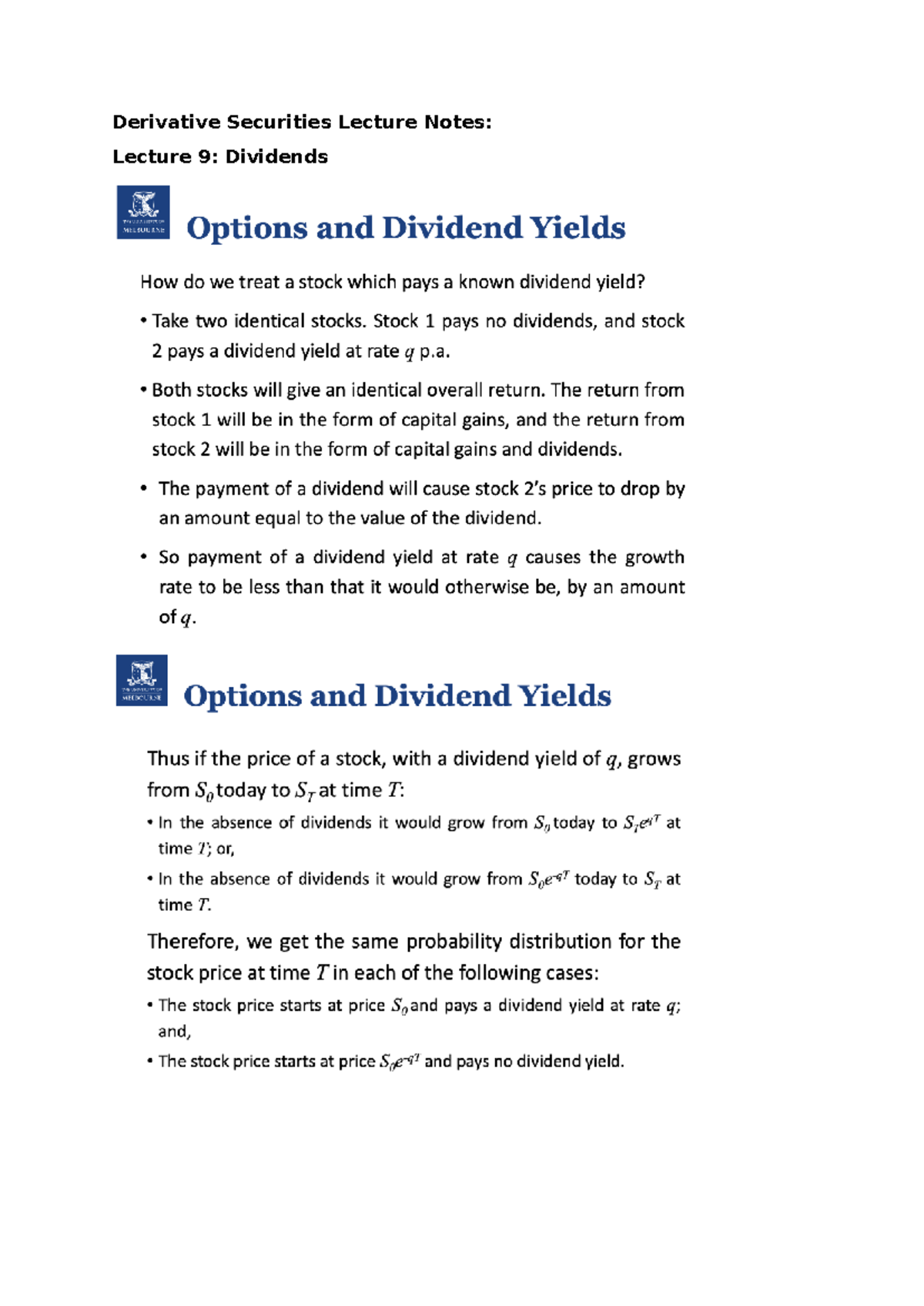 Derivative Securities Lecture Notes: Lecture 9 - Dividends Analysis ...