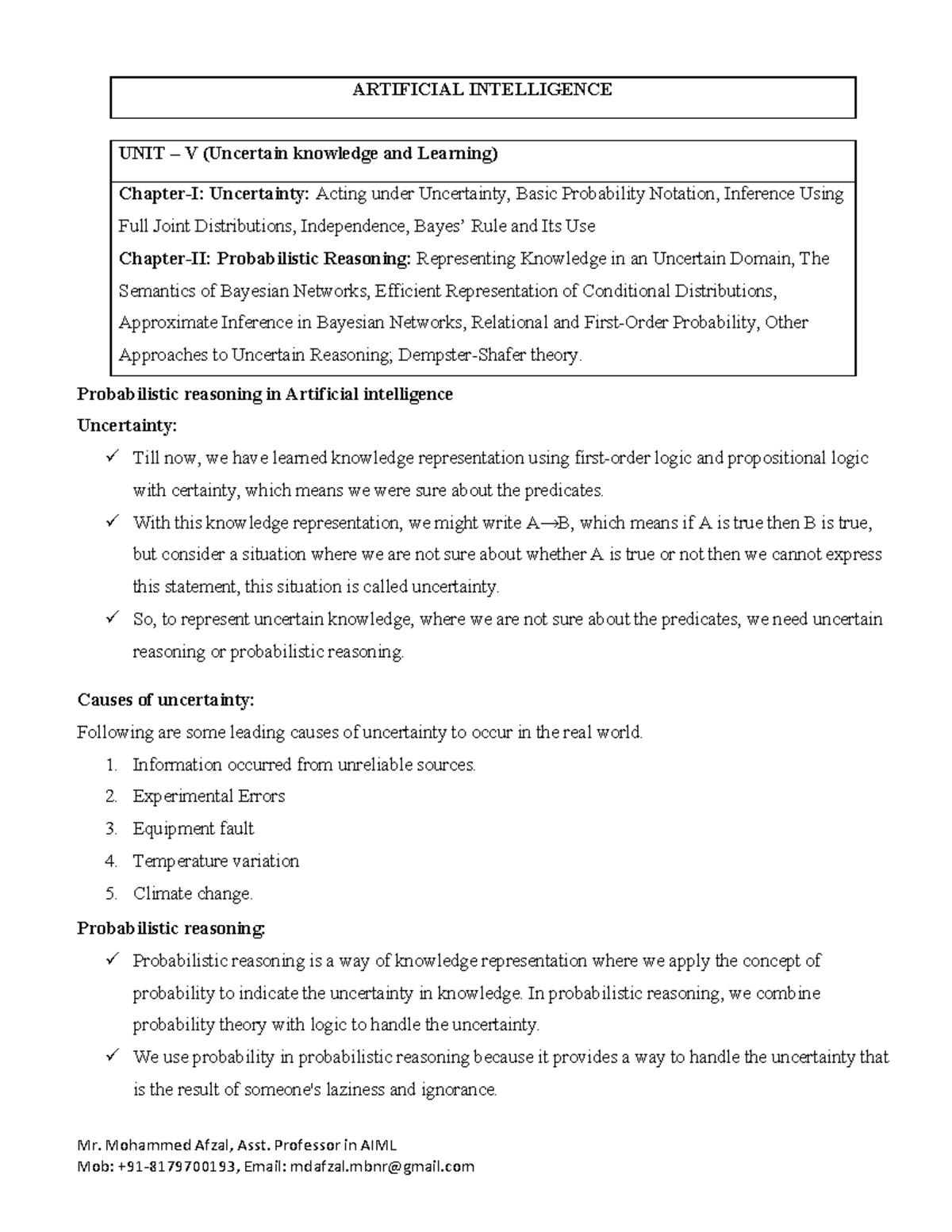 AI Unit-V Ch-I & II: Uncertainty & Probabilistic Reasoning Overview ...