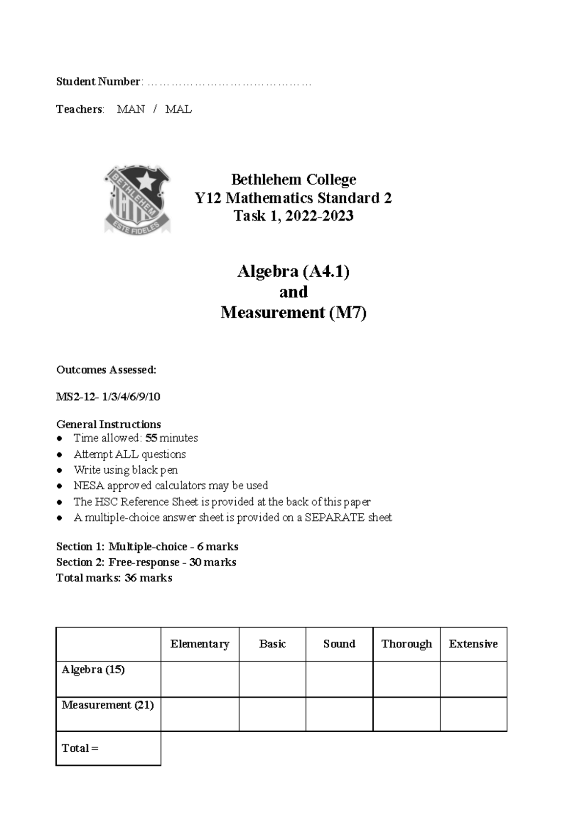 Y12 Mathematics Standard 2 Task 1: Algebra & Measurement Q2,4,6,8-14 ...