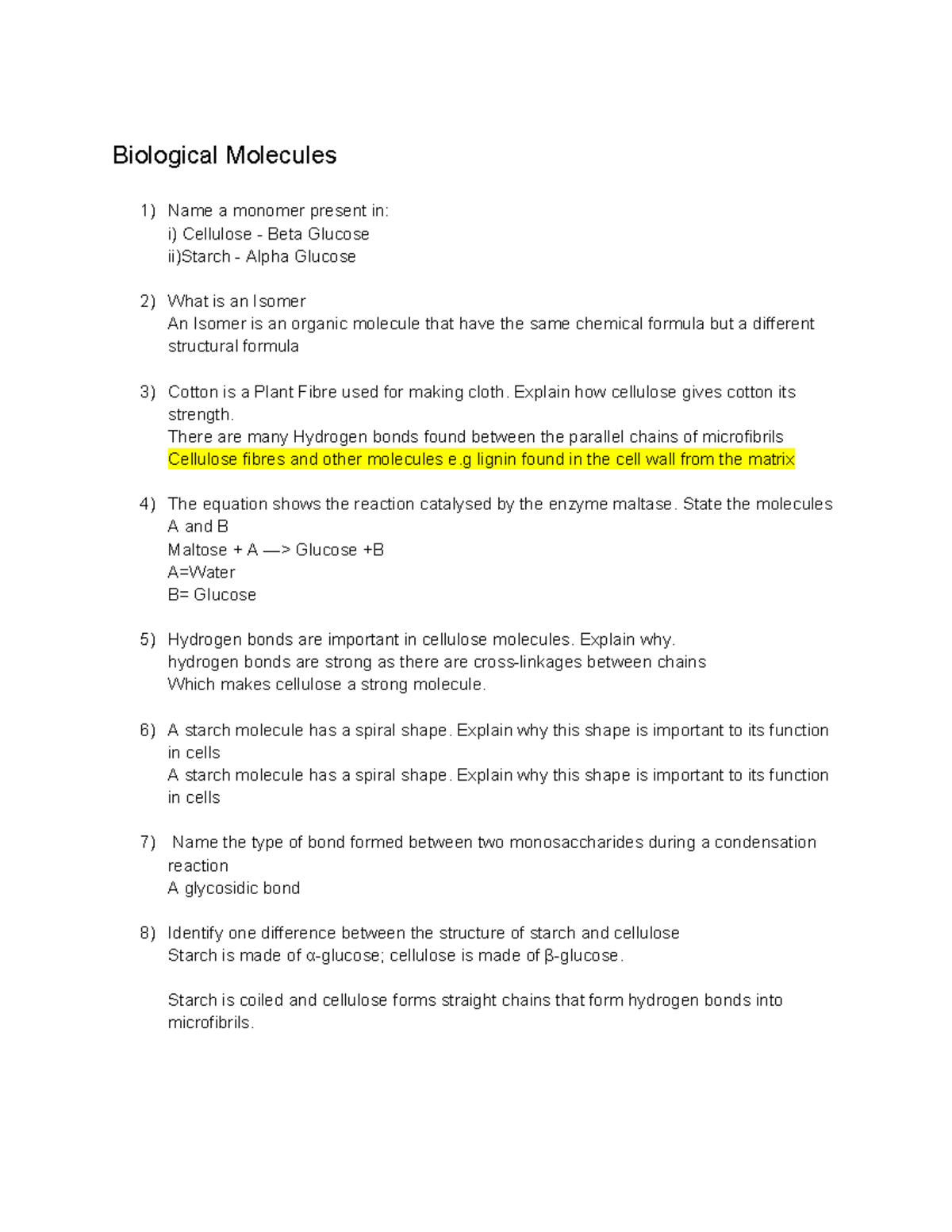 Biological Molecules: Key Concepts and Questions for Study - Studocu