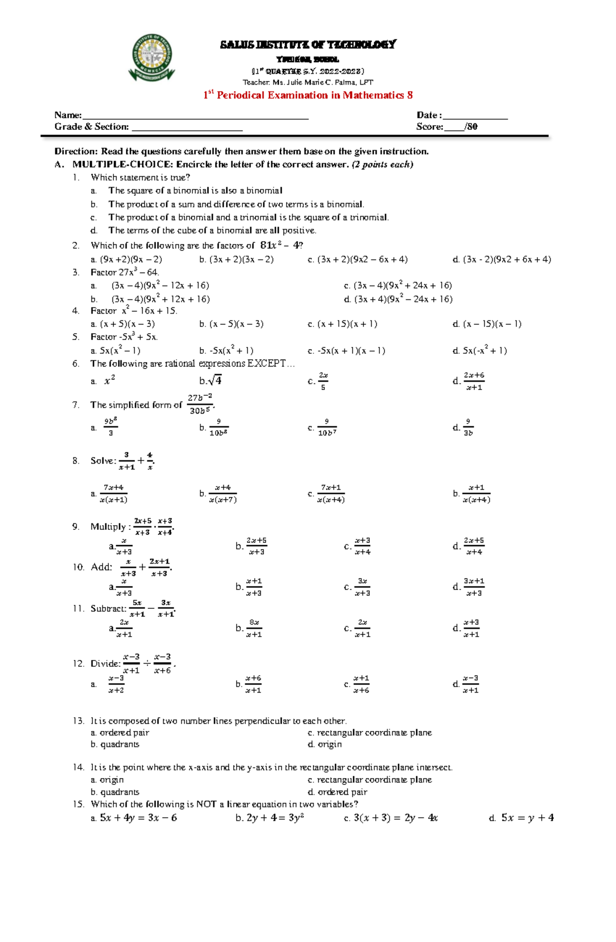 1ST Quarter Periodical Test in Math 8 (S.Y. 2022-2023) - Studocu