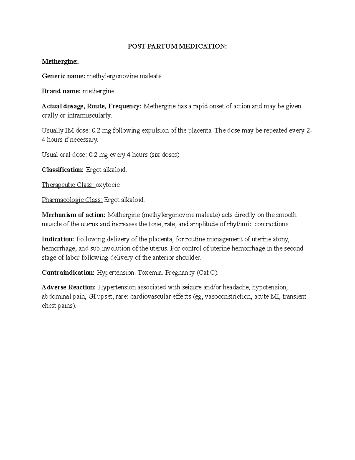 Postpartum Medications & Nursing Considerations (Pharma) - Studocu