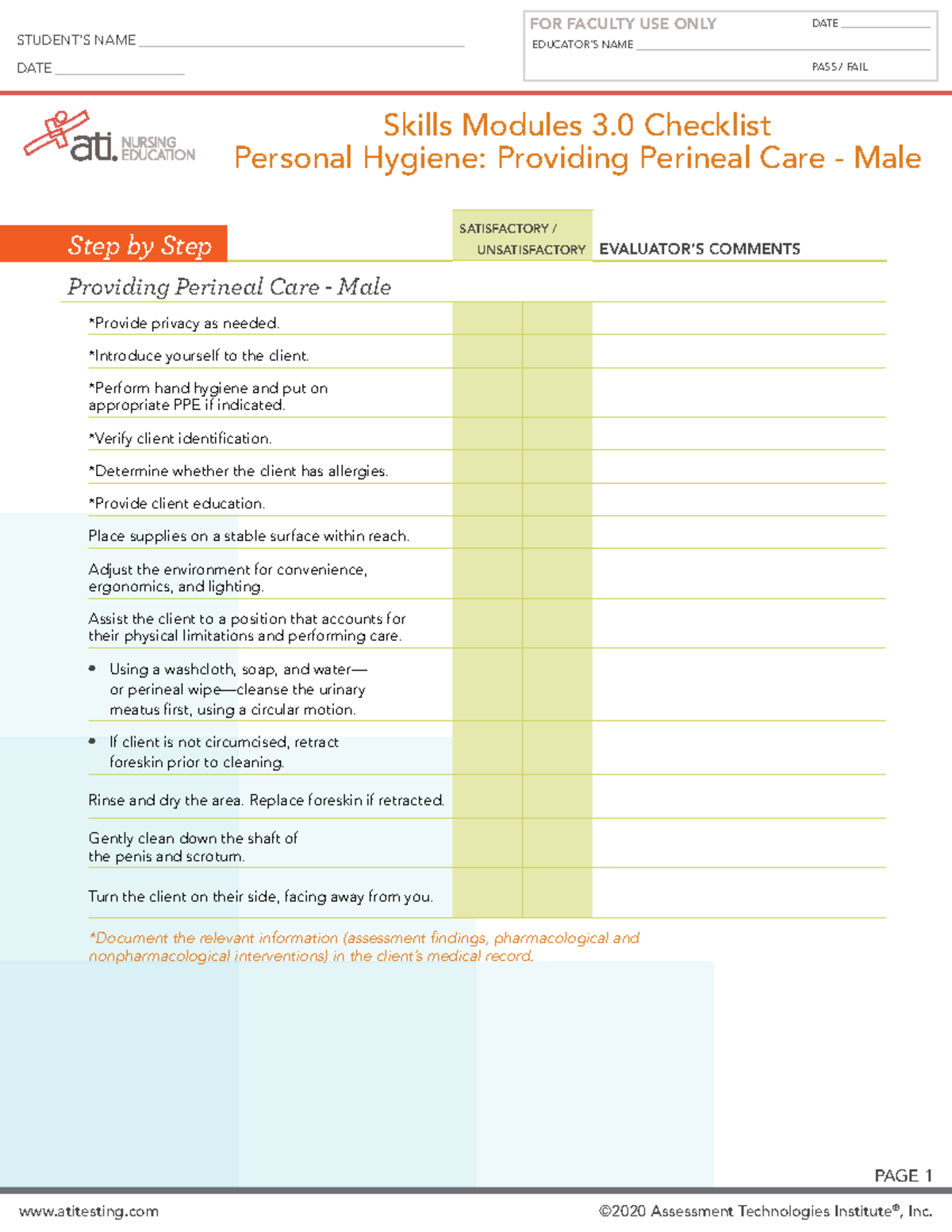 NURSING EDUCATION Skills Checklist: Male Perineal Care Guide - Studocu