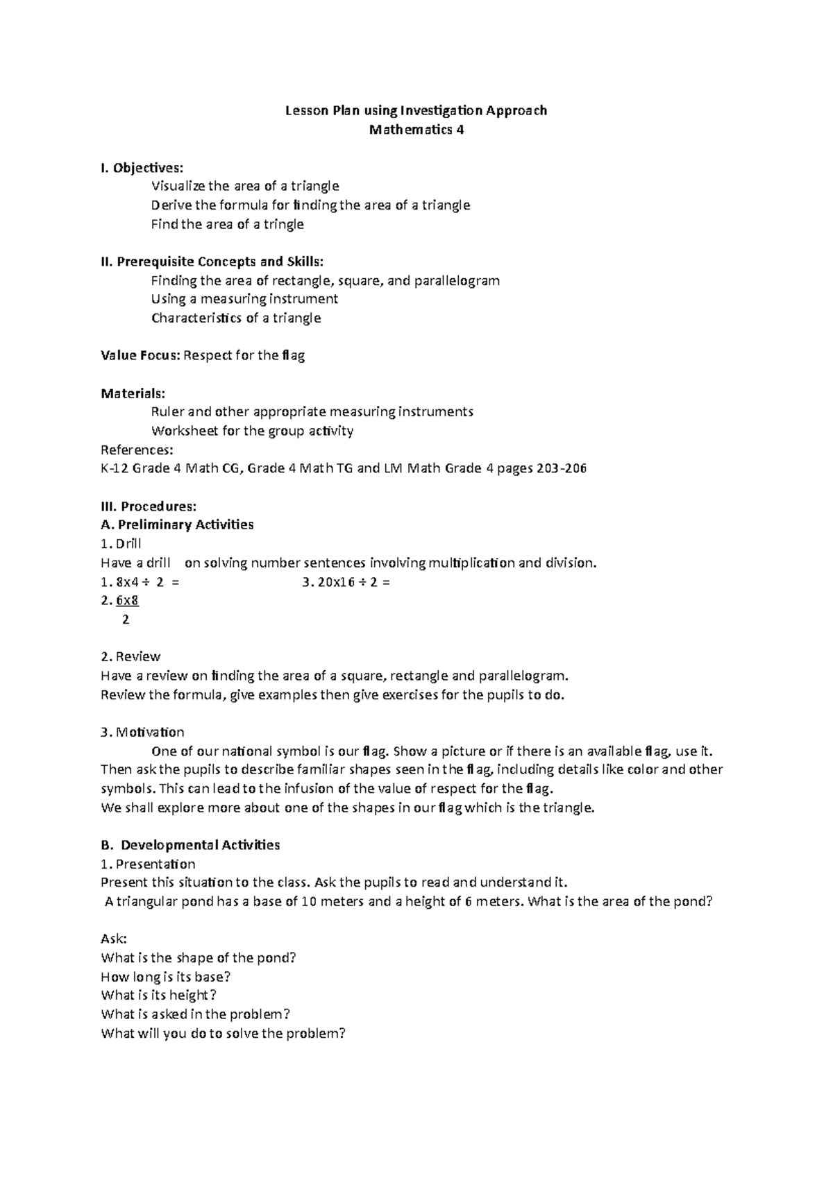 Grade 4 Math Lesson Plan: Investigation Approach to Area of Triangle ...