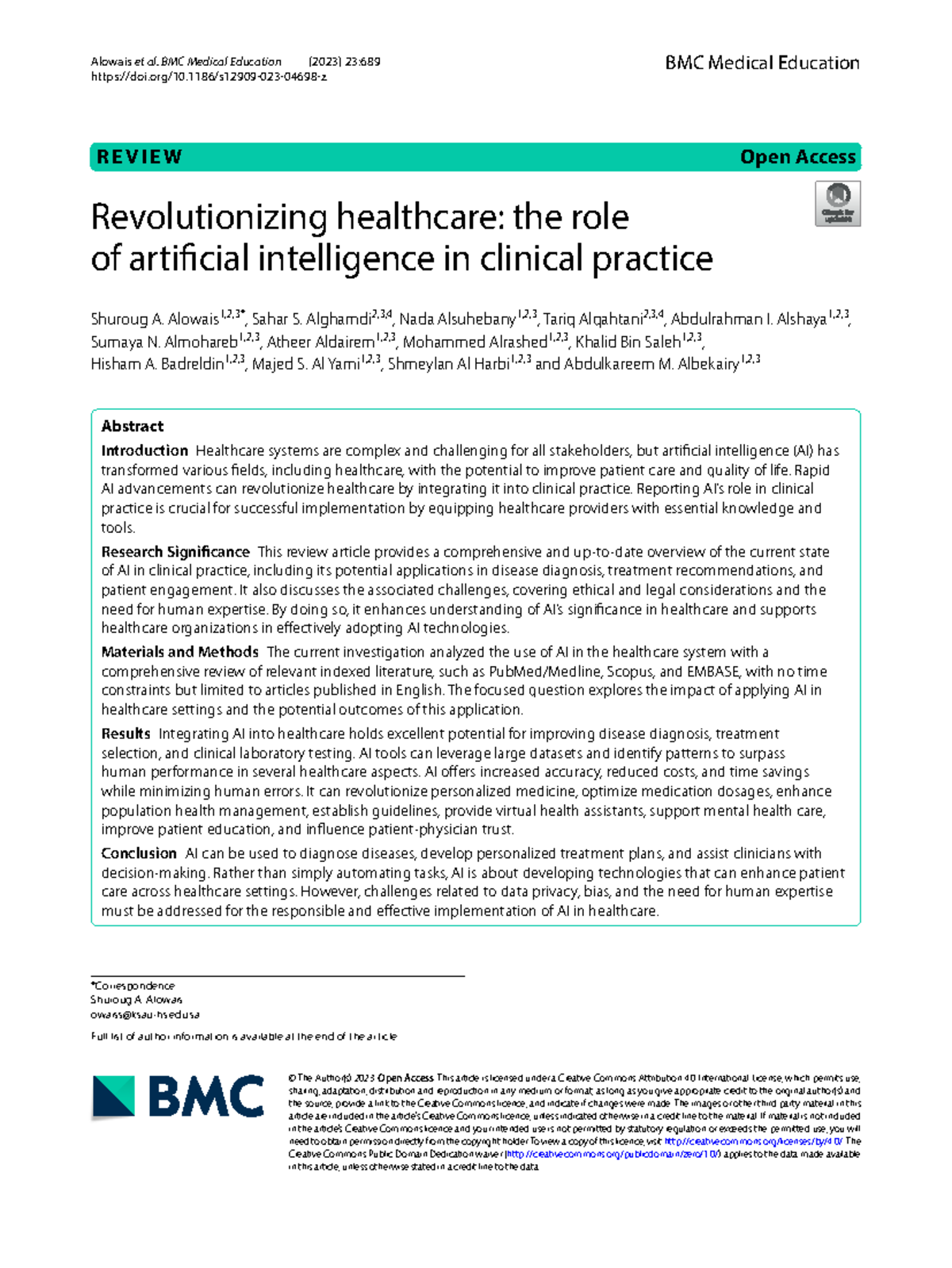 AI in Clinical Practice: Revolutionizing Healthcare - BMC Med Educ 2023 ...