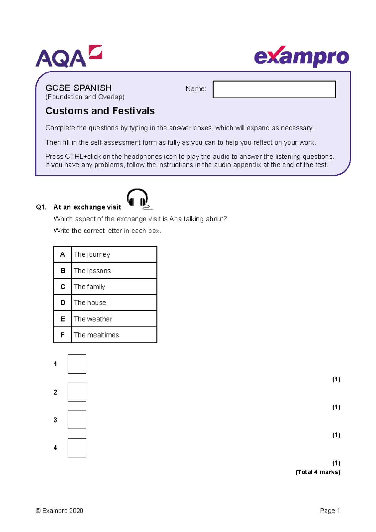 GCSE SPANISH (Foundation) Customs and Festivals Practice Paper 2 - Studocu