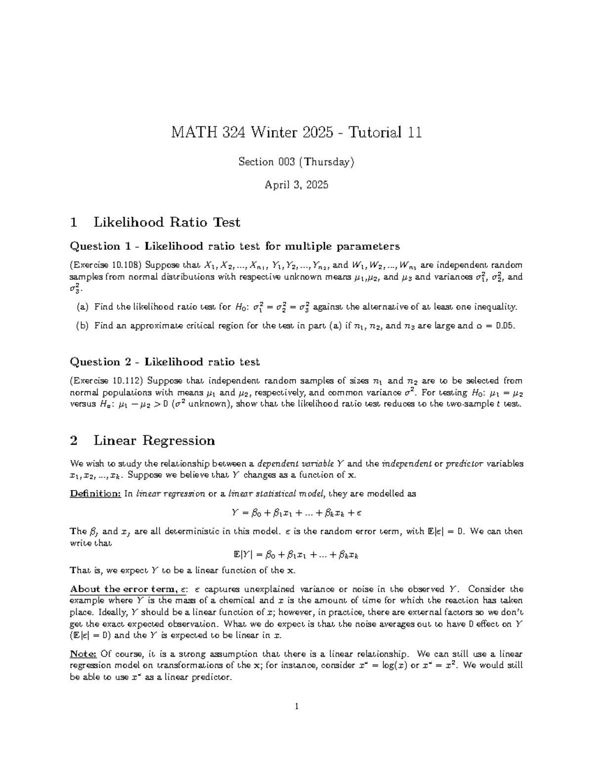 MATH 324- Tutorial 11 - MATH324 tut notes - MATH 324 Winter 2025 ...
