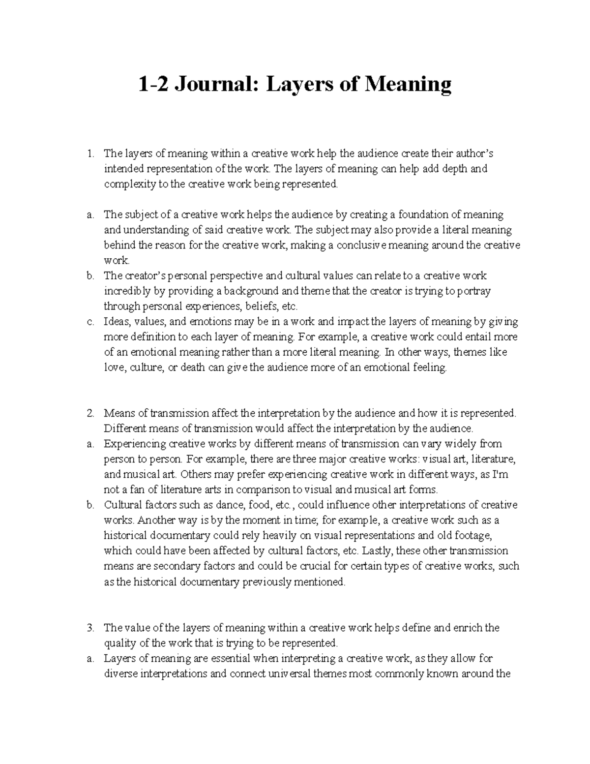 Layers of Meaning Journal - 1-2 Journal: Layers of Meaning 1. The ...