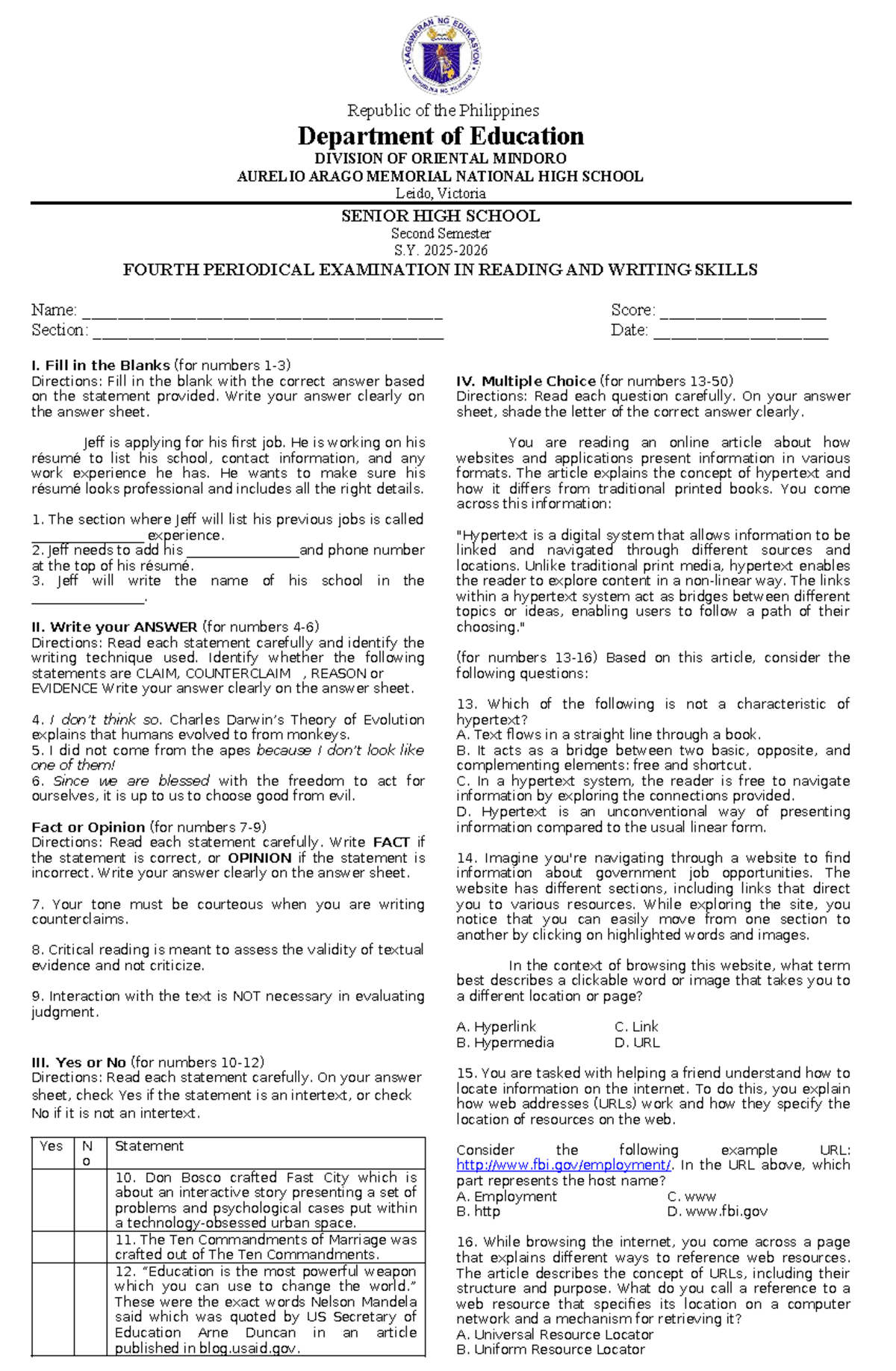 4th Periodical Exam in RWS (Reading and Writing Skills) - Studocu